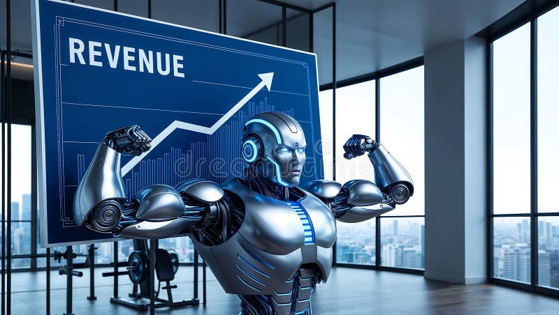 Powerful Muscular Robot with Metallic Silver Skin and Glowing Blue ...