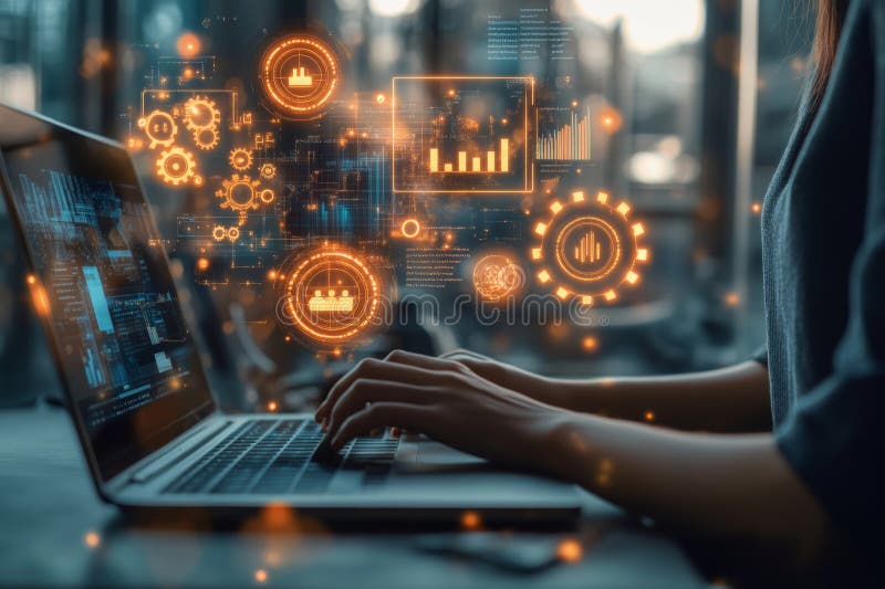 Dynamic Professional Workspace Featuring Holographic Icons for Teamwork ...