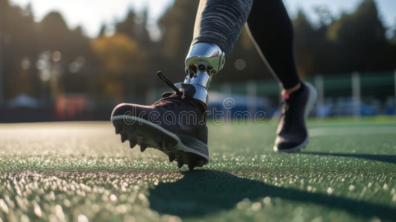 Dynamic Prosthetic Foot in Athletic Action. Close-up of an Athletic ...
