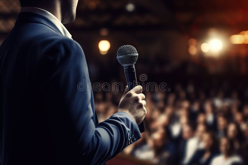 Dynamic Public Speaking Speaker Man Engages Audience with Microphone on ...