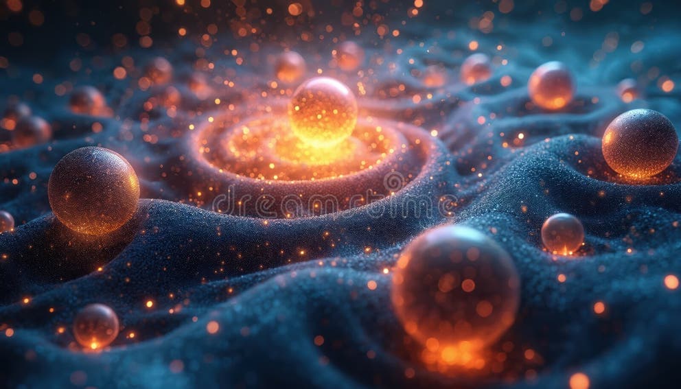 Dynamic Quantum Computing Background. Layered Shining Glowing Orbs, Representing Qubits Swirl ...