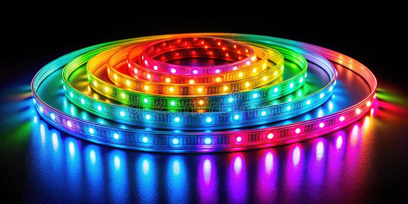 Dynamic Rainbow LED Strip Lights Coiled on a Striking Black Background ...
