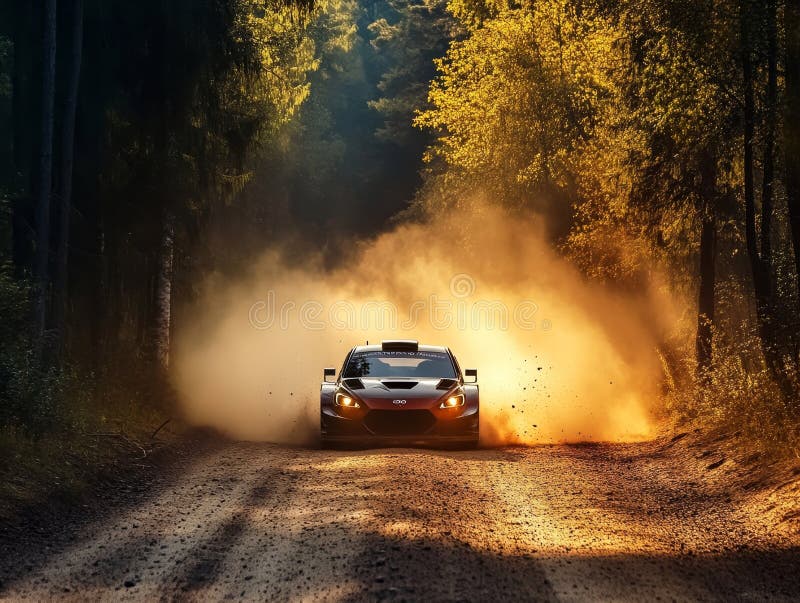 Dynamic Rally Car Racing through Forest Dirt Road with Dust and ...