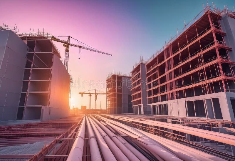 Dynamic Range Construction Site with Cranes, Construction Industry ...