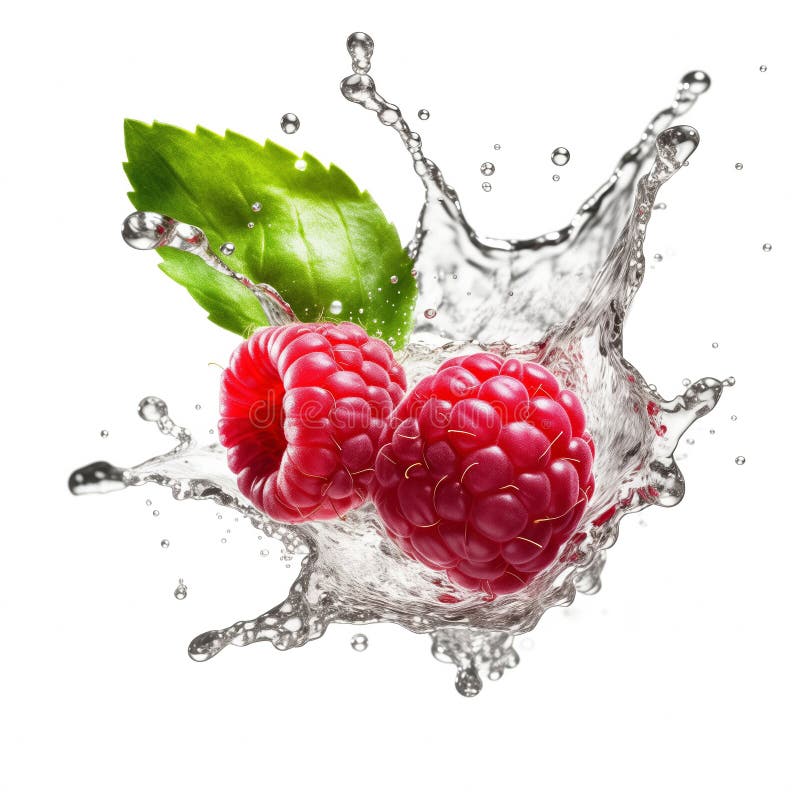 Dynamic Raspberry Splash with Green Leaf in Water Explosion Concept ...