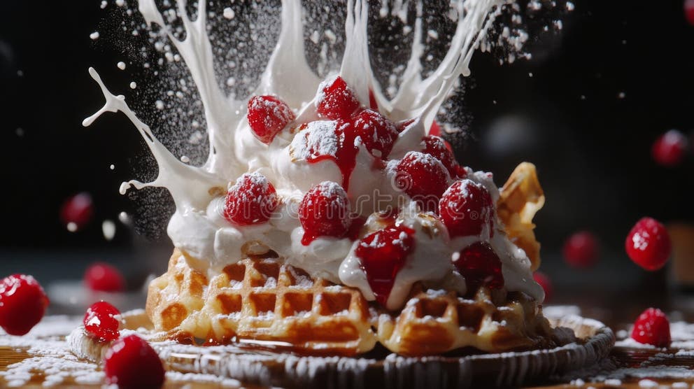 Dynamic Raspberry Waffles with Whipped Cream Explosion Stock ...