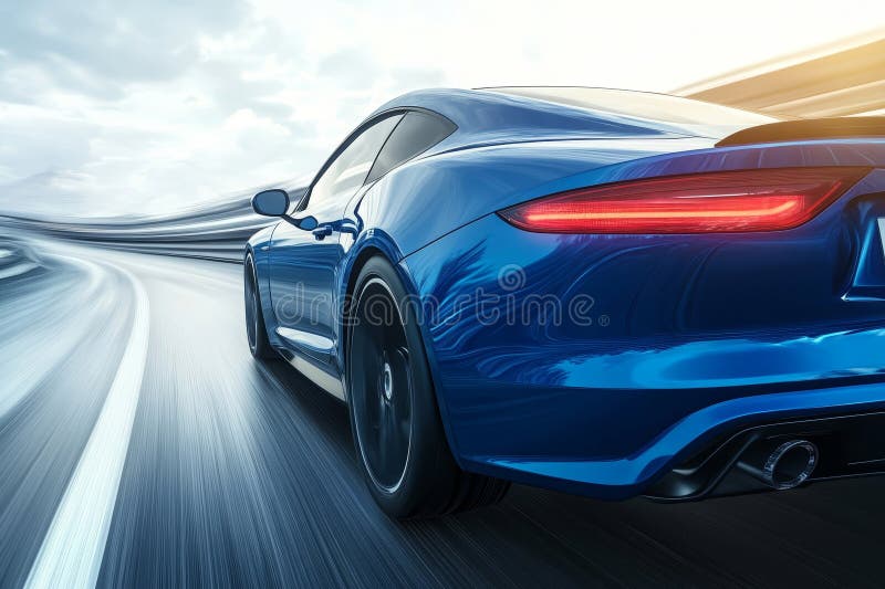 Dynamic Rear View of a Blue Business Car Navigating a High Speed Turn ...