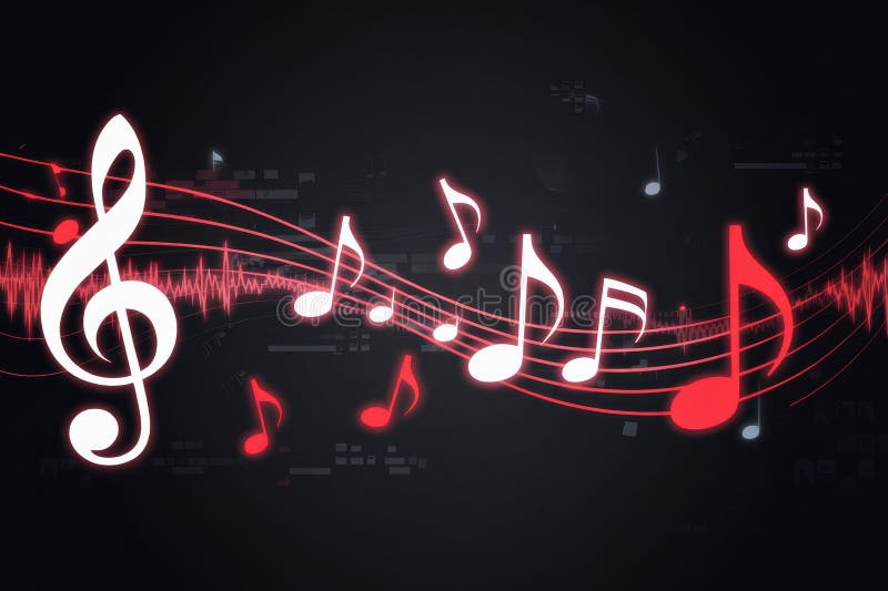 Dynamic Red and Black Music Notes Background with Neon Effect for Tech ...