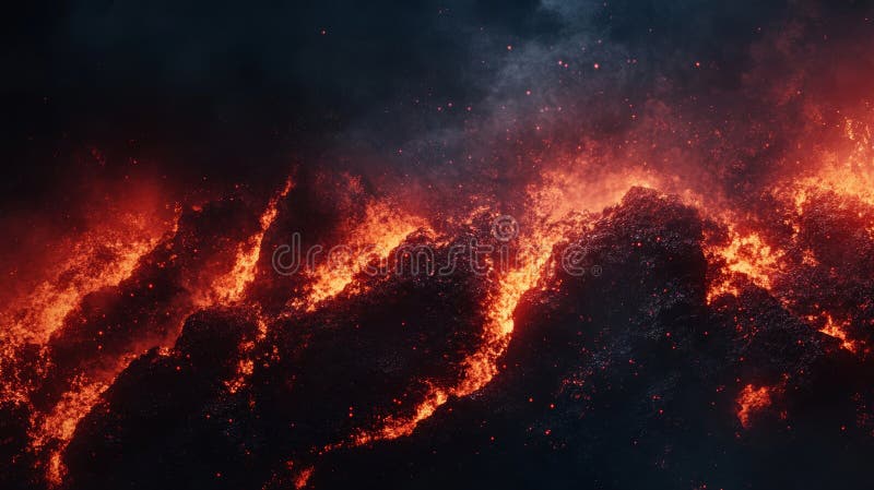 Dynamic Red Lava Flows Erupting from the Surface Against a Fiery ...