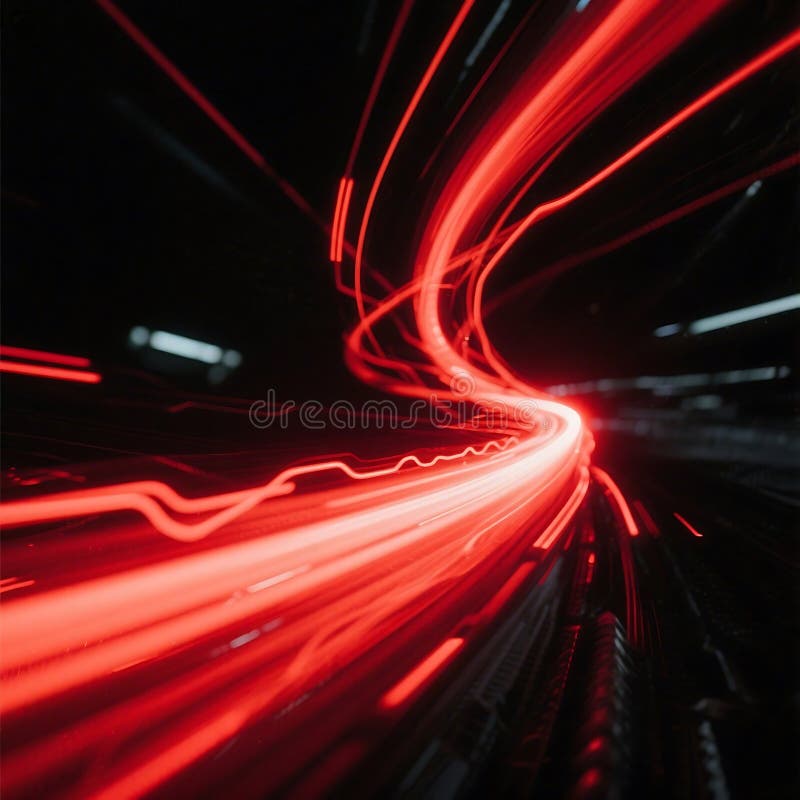 Dynamic Red Light Trails in a Futuristic Tunnel Stock Illustration ...
