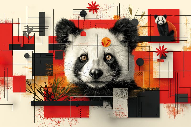 Dynamic Red Panda Portrait with an Abstract Geometric Red and Black ...