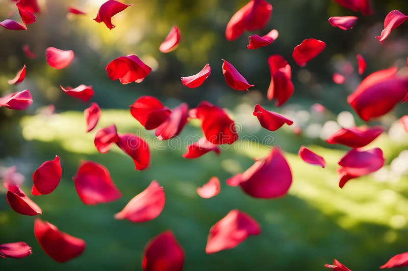 Dynamic Red Rose Petals Falling from Above in a Lush Garden, Creating a ...