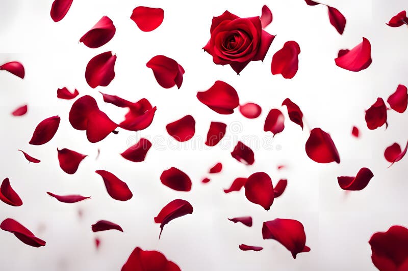 Dynamic Red Rose Petals Flying and Falling from Above with a White ...