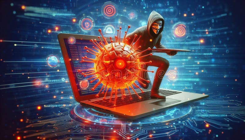 Hacker Attacking with Virus on a Laptop Screen Stock Illustration ...