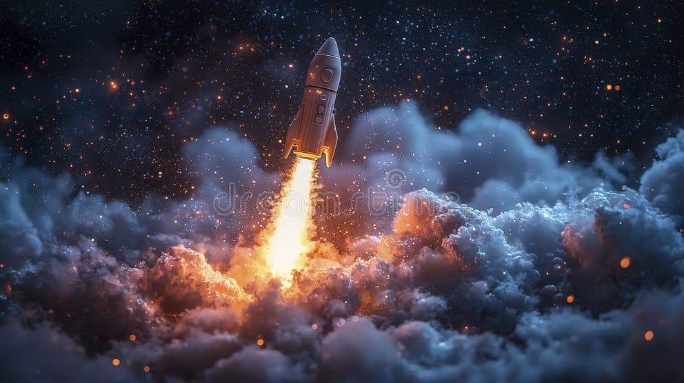 Dynamic Rocket Flying through Cosmic Clouds Stock Illustration - Illustration of rocket, dream ...