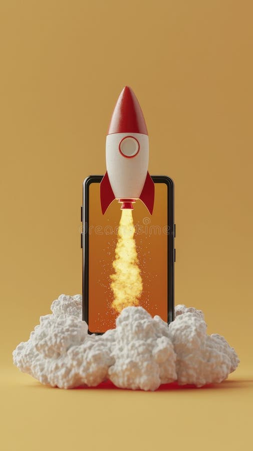 Dynamic Rocket Launching from Phone in Bold Colors Stock Illustration ...