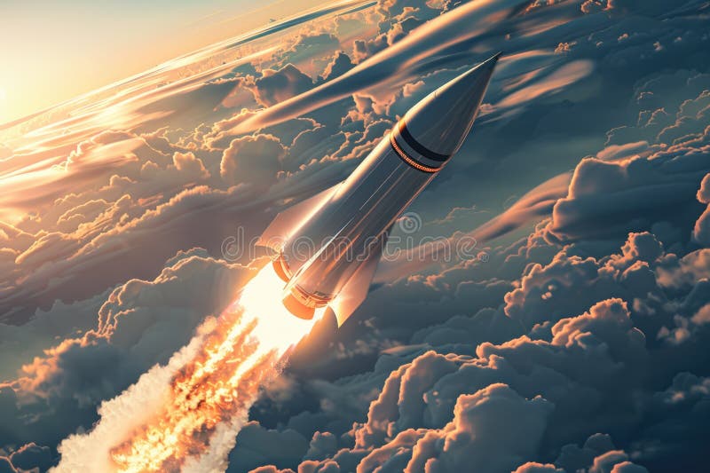 Dynamic Rocket Launch Captured at Dusk with Vibrant Contrails Against ...