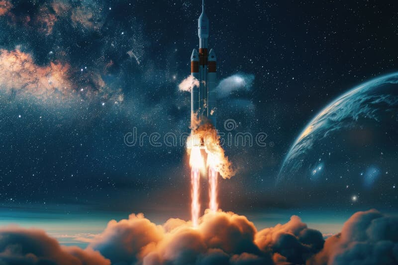 Dynamic Rocket Launch Captured at Dusk with Vibrant Contrails Against ...