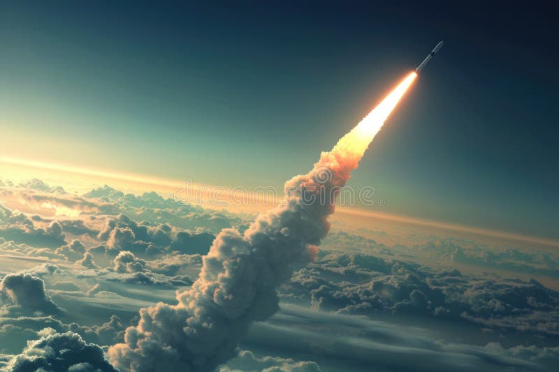 Dynamic Rocket Launch Captured at Dusk with Vibrant Contrails Against ...