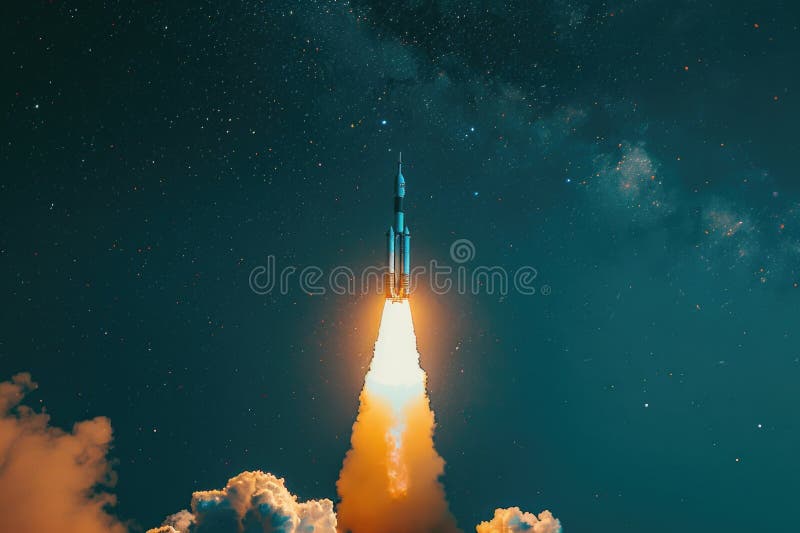 Dynamic Rocket Launch Captured at Dusk with Vibrant Contrails Against ...
