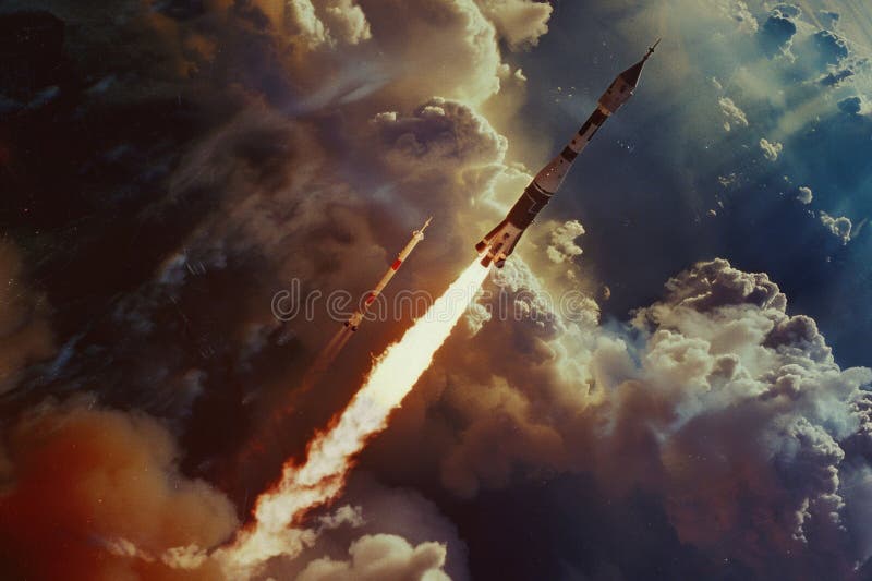 Dynamic Rocket Launch Captured at Dusk with Vibrant Contrails Against ...