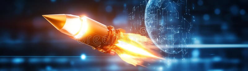 Dynamic Rocket Launch with Glowing Flames Against a Futuristic Backdrop ...