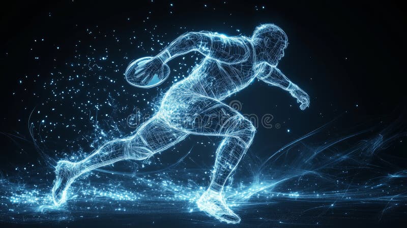 Dynamic Rugby Player Captured in a Digital Wireframe with Glowing Lines ...