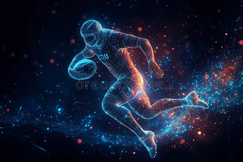 Dynamic Rugby Player Sprinting Forward in a Glowing Wireframe Design ...