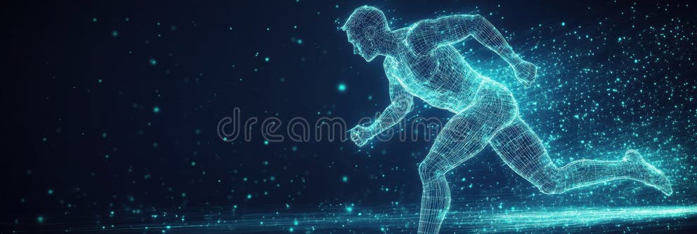 Dynamic Runner Silhouette in Motion with Glowing Digital Wireframe Mesh ...