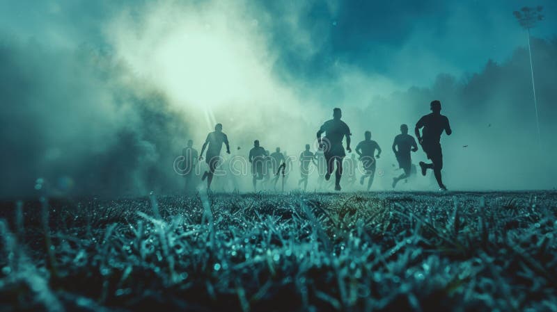 Dynamic Runners in Misty Field during Dawn Light Conditions Stock ...
