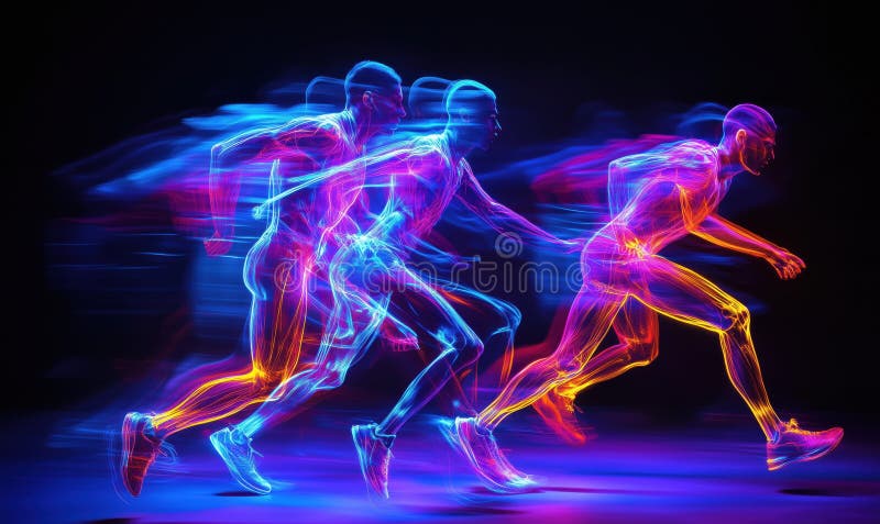 Dynamic Running Figures in Neon Light Trails, Showcasing Motion and ...