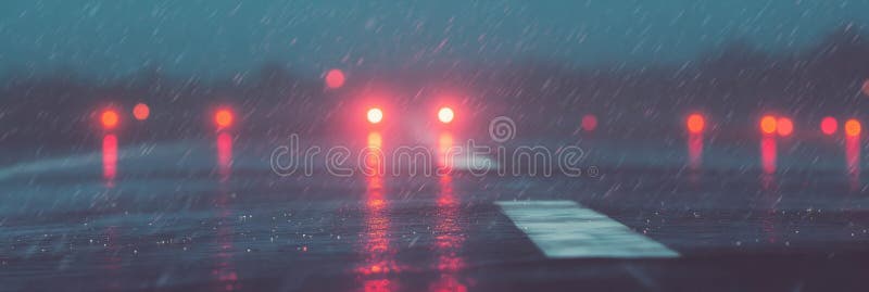 Dynamic Runway Under Heavy Rain with Blurred Lights at Night for ...