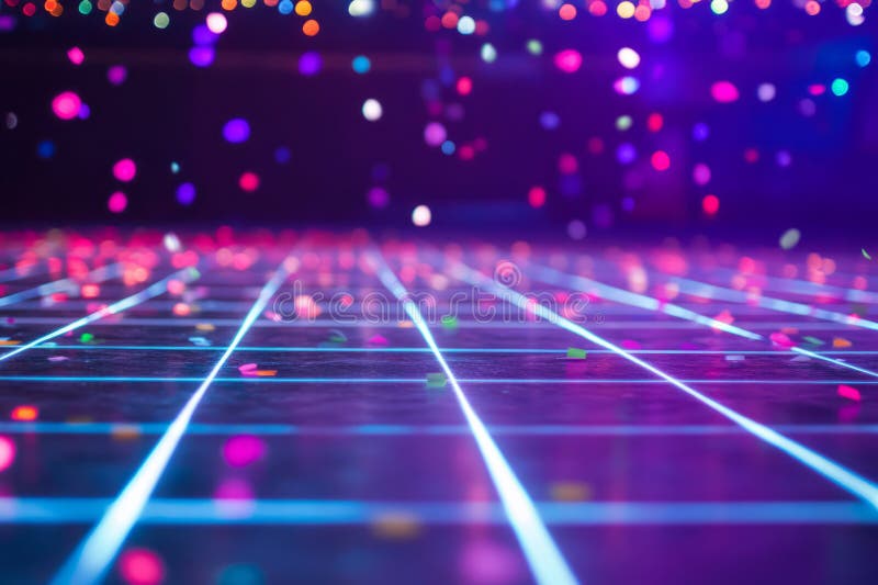 A Dynamic 90s Roller Rink Floor Pattern with Neon Gridlines, Scattered ...