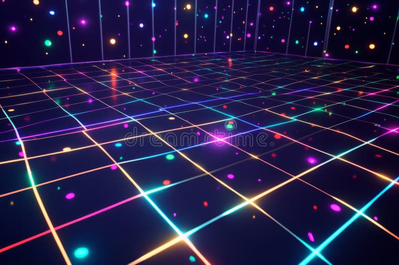 A Dynamic 90s Roller Rink Floor Pattern with Neon Gridlines, Scattered ...