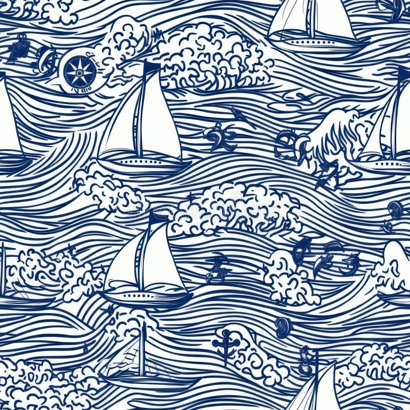 Dynamic Sailboat Pattern Ocean Waves Design Stock Photos - Free ...