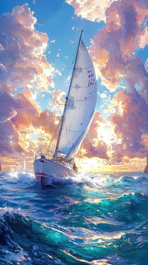 Dynamic Sailboat Riding Waves in Vibrant Sunset Stock Image - Image of ...