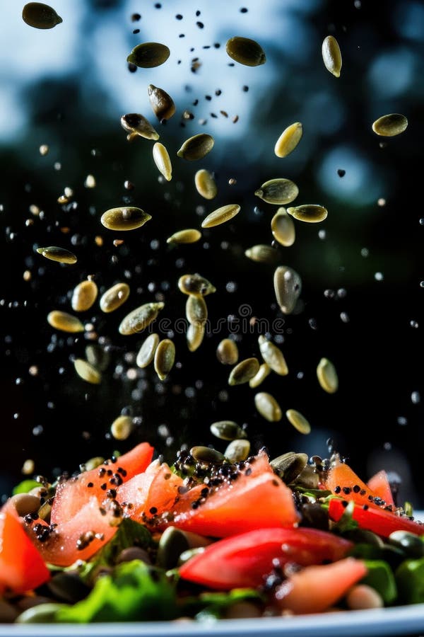 Dynamic Salad with Fresh Vegetables and Floating Seeds in Mid-Air ...