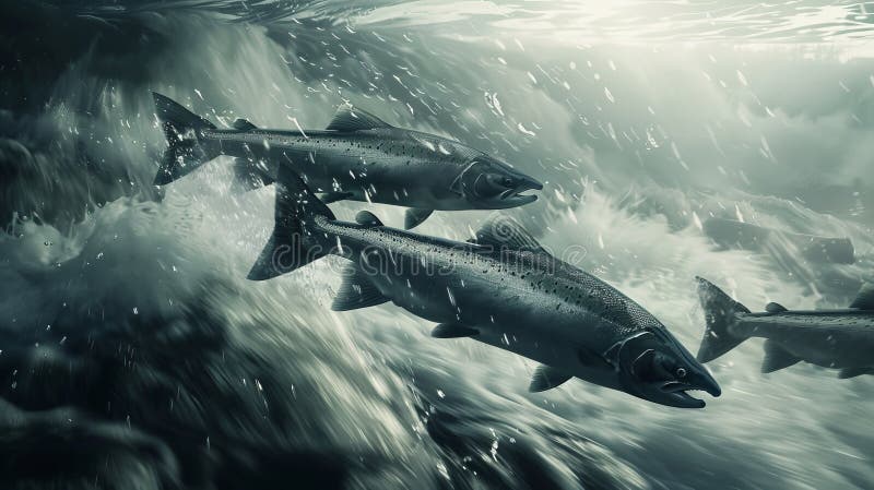 Dynamic Salmon Swimming and Jumping Against River Current, Showcasing ...