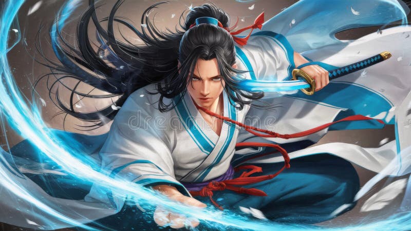 Dynamic Samurai Warrior in Action with Sword and Flowing Robes Stock ...