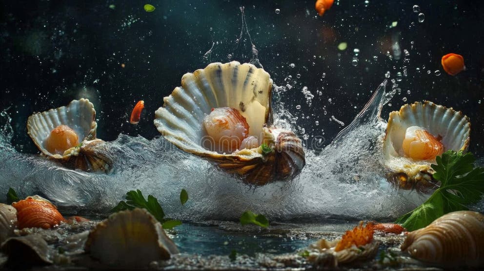 Dynamic Scallops Splashing in Shells with Dark Background Stock ...