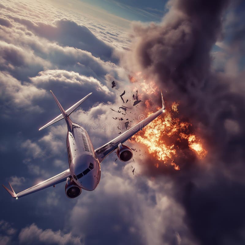 Airplane Explosion in Midair with Clouds and Flames for Dramatic Effect ...
