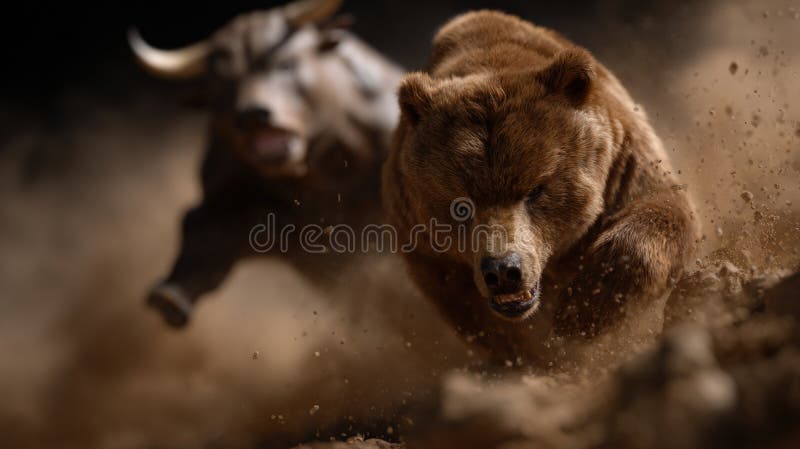 A Dynamic Scene of a Bear and Bull in a Dust-filled Chase, Symbolizing ...