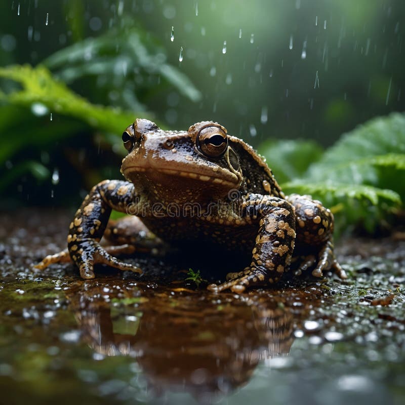 Surinam Toad Leaping Across Wet Soil in a Jungle, Surrounded by Rain ...