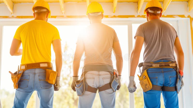 Construction Workers Inside Partially Built Room Team at Work Building ...