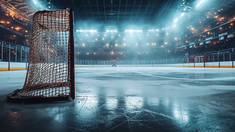 Dynamic Scene of an Empty Hockey Rink with Goal Post and Lights Stock ...