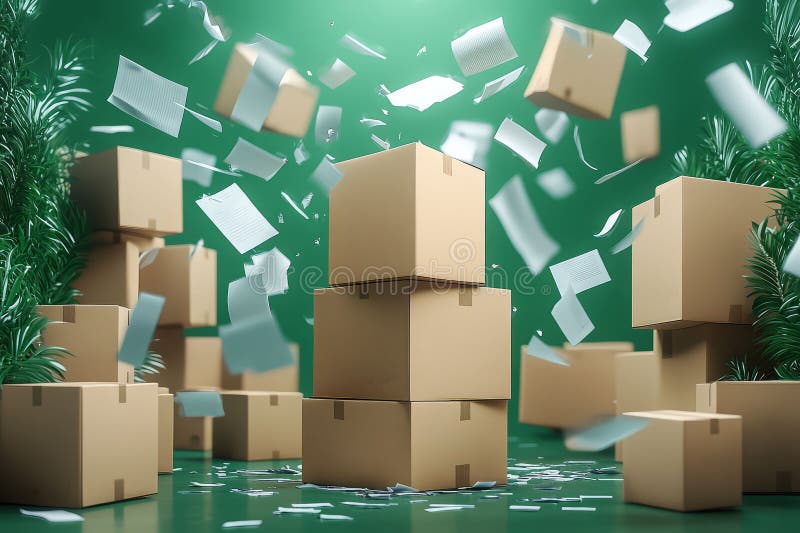 A Dynamic Scene of Falling Boxes and Flying Papers on a Vibrant Green ...