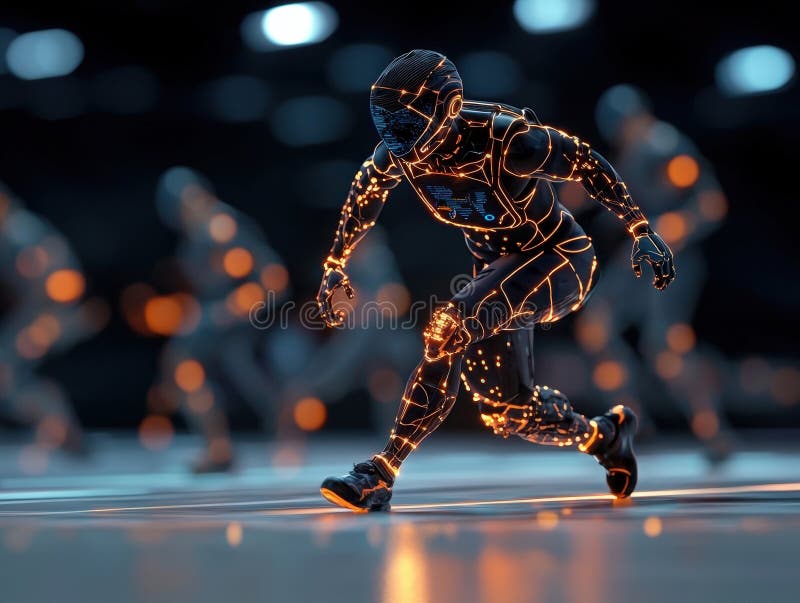 Dynamic Scene Featuring a Futuristic Runner with Glowing Elements in a ...