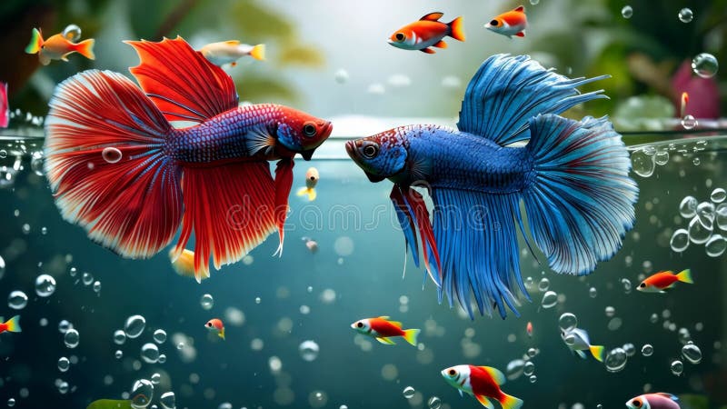 3D-rendered Red and Blue Fighting Fish Swimming Gracefully in an ...