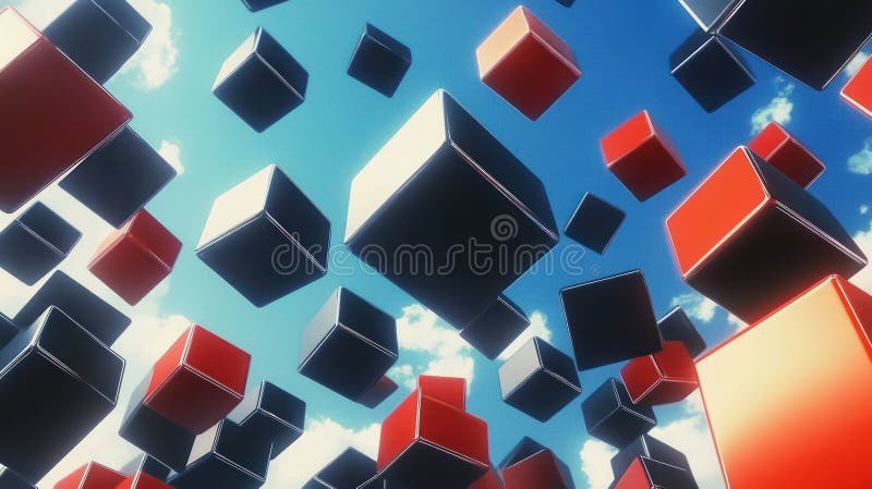 A Dynamic Scene of Floating Red and Black Cubes Against a Bright Blue ...