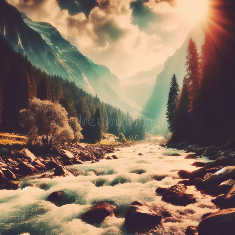 A Dynamic Scene of a Flowing River Captured in Motion Combined W Stock ...